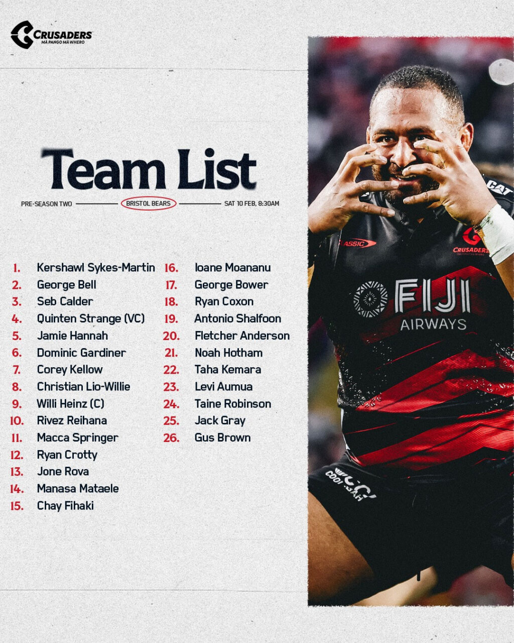 Rova at centre for Crusaders, first start for Naulago – FBC News