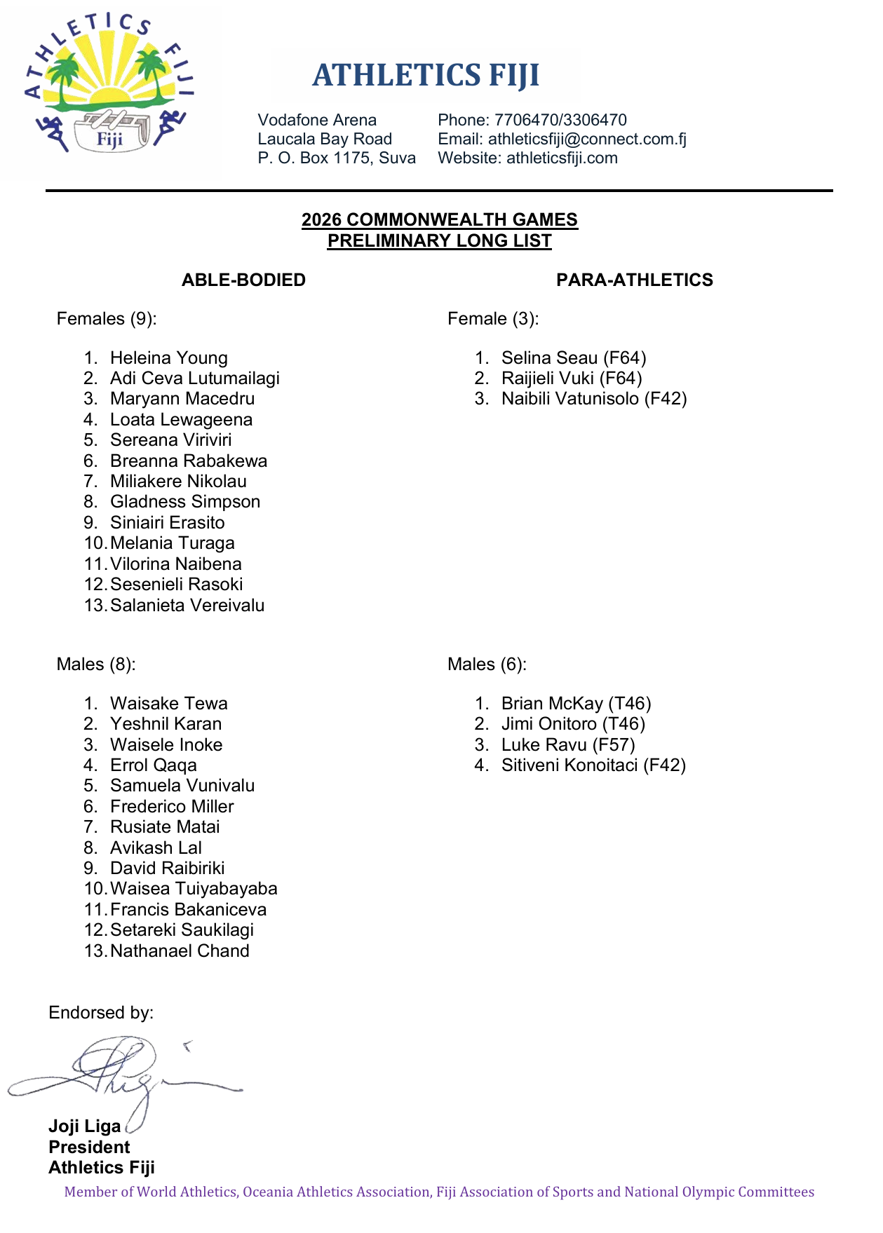 33 in Team Fiji’s preliminary Commonwealth Games athletics squad – FBC News
